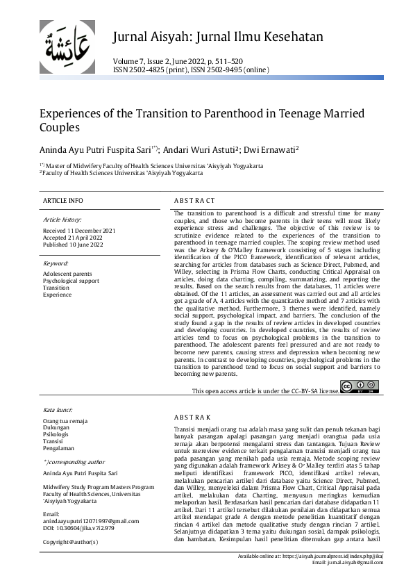 (PDF) Experiences of the Transition to Parenthood in Teenage Married ...