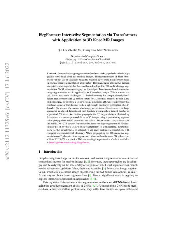 (PDF) iSegFormer: Interactive Segmentation via Transformers with Application to 3D Knee MR Images