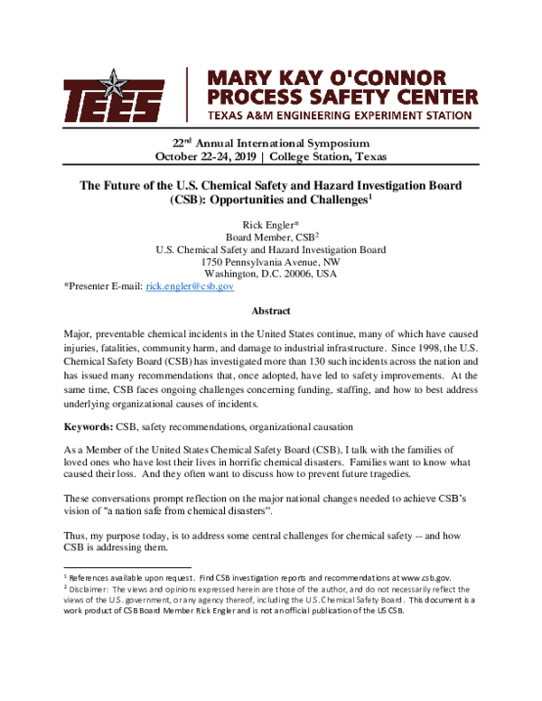 (PDF) The Future of the U.S. Chemical Safety and Hazard Investigation ...