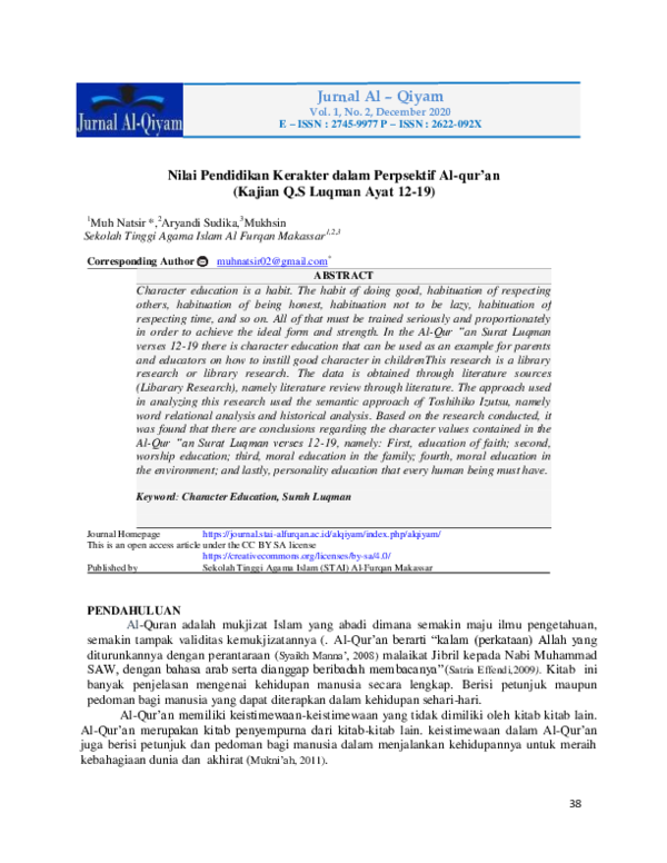 (PDF) Nilai Pendidikan Kerakter dalam Perpsektif Al-qur’an (Kajian Q.S Luqman Ayat 12-19)