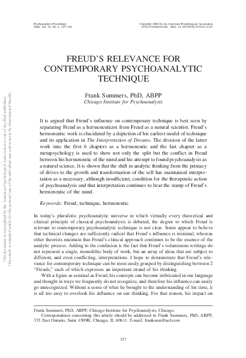 (PDF) Freud's relevance for contemporary psychoanalytic technique