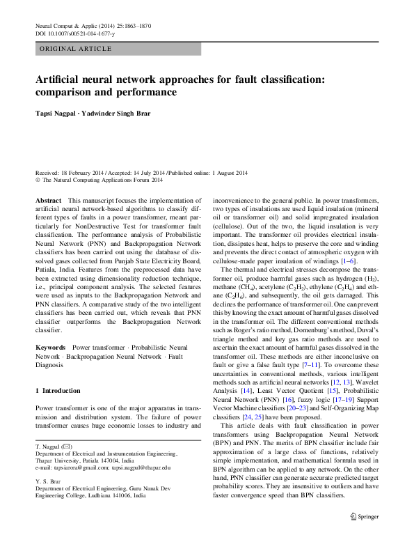 (PDF) Artificial neural network approaches for fault classification: comparison and performance