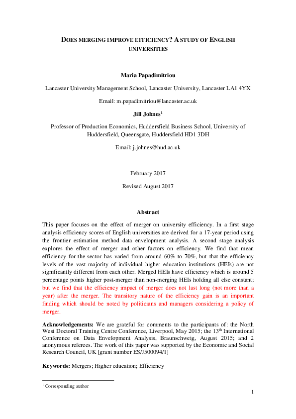 (PDF) Does merging improve efficiency? A study of English universities (PDF) Does merging improve efficiency? A study of English universities