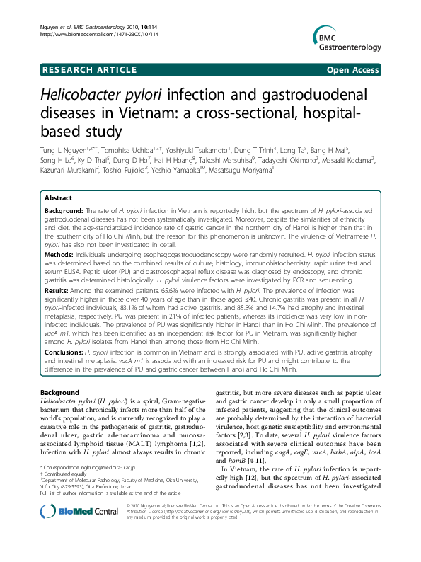 (PDF) Helicobacter pylori infection and gastroduodenal diseases in Vietnam: a cross-sectional ...