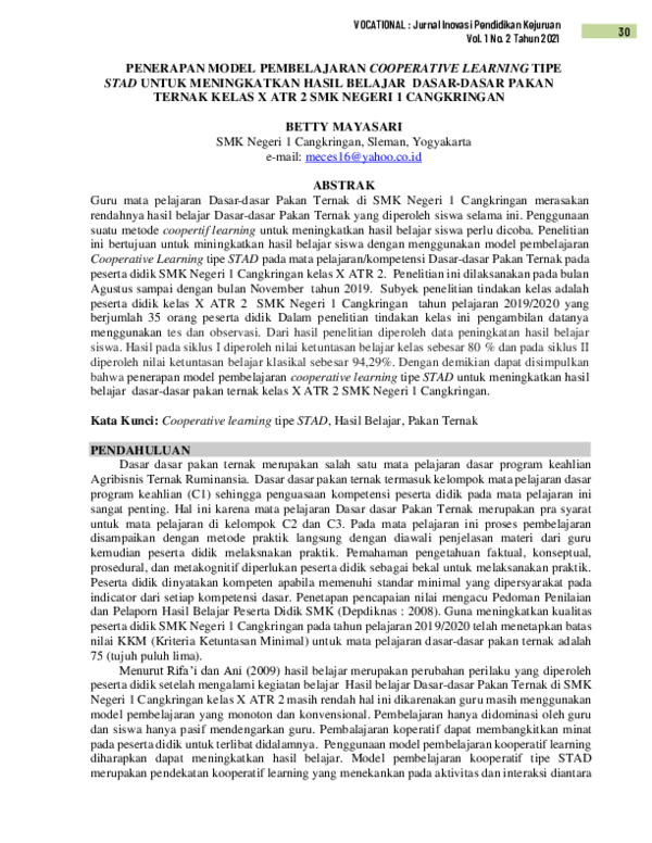 (PDF) Penerapan Model Pembelajaran Cooperative Learning Tipe Stad Untuk Meningkatkan Hasil ...