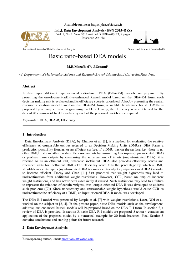 (PDF) Efficient Ratio-Based DEA Models for Banks