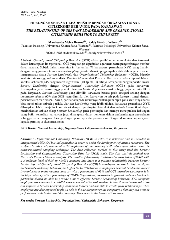 (PDF) Hubungan Servant Leadership Dengan Organizational Citizenship Behavior Pada Karyawan