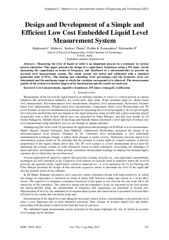 Pdf Design And Development Of A Simple And Efficient Low Cost Embedded Liquid Level