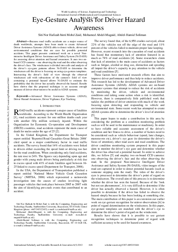 (PDF) Eye-Gesture Analysis For Driver Hazard Awareness