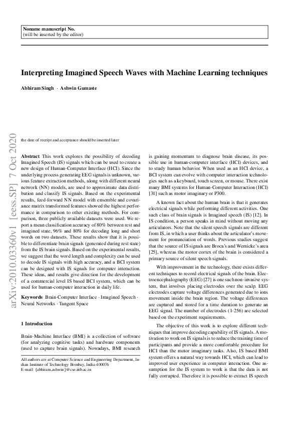 (PDF) Interpreting Imagined Speech Waves with Machine Learning techniques