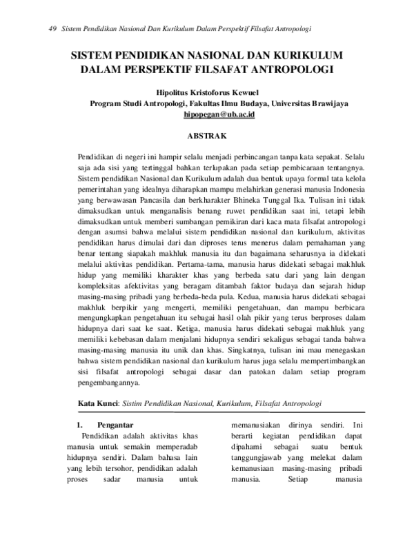 (PDF) Sistem Pendidikan Nasional Dan Kurikulum Dalam Perspektif Filsafat Antropologi