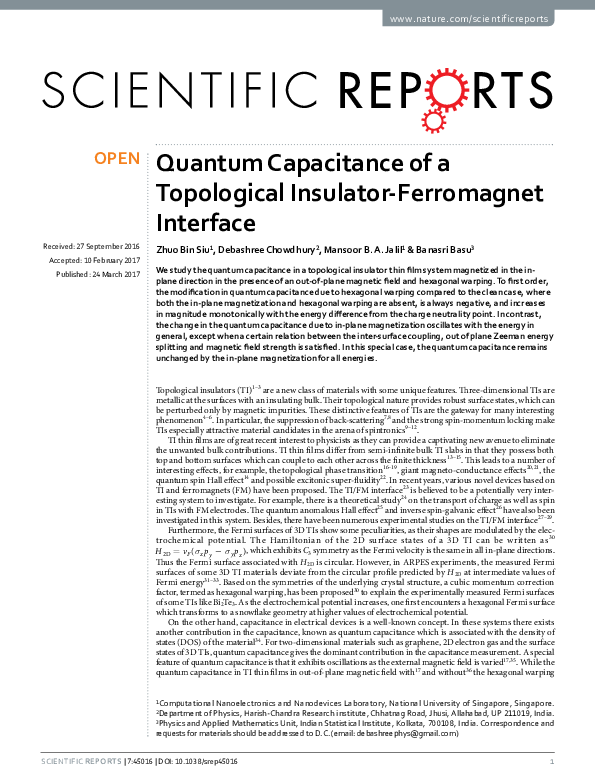 (PDF) Quantum Capacitance of a Topological Insulator-Ferromagnet Interface