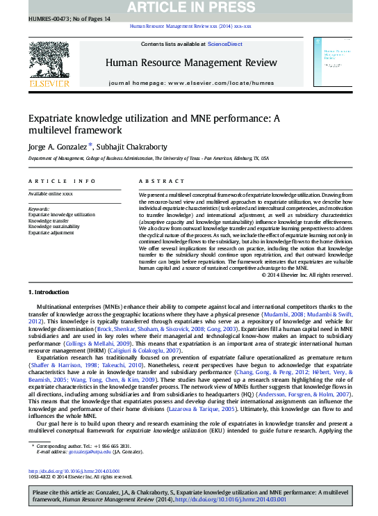 (PDF) Expatriate knowledge utilization and MNE performance: A ...