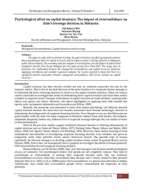 (PDF) Psychological effect on capital structure: The impact of overconfidence on firm’s leverage ...