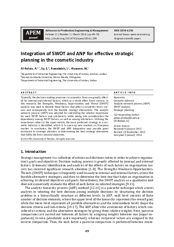 (PDF) Integration of SWOT and ANP for effective strategic planning in ...