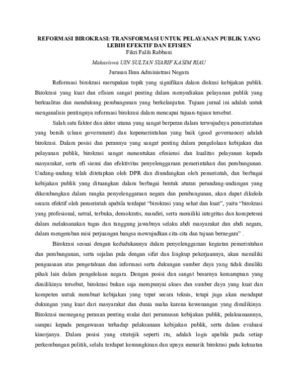 (DOC) REFORMASI BIROKRASI: TRANSFORMASI UNTUK PELAYANAN PUBLIK YANG LEBIH EFEKTIF DAN EFISIEN