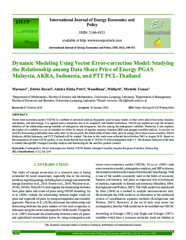 (PDF) Dynamic Modeling Using Vector Error-Correction Model: Studying the Relationship Among Data ...