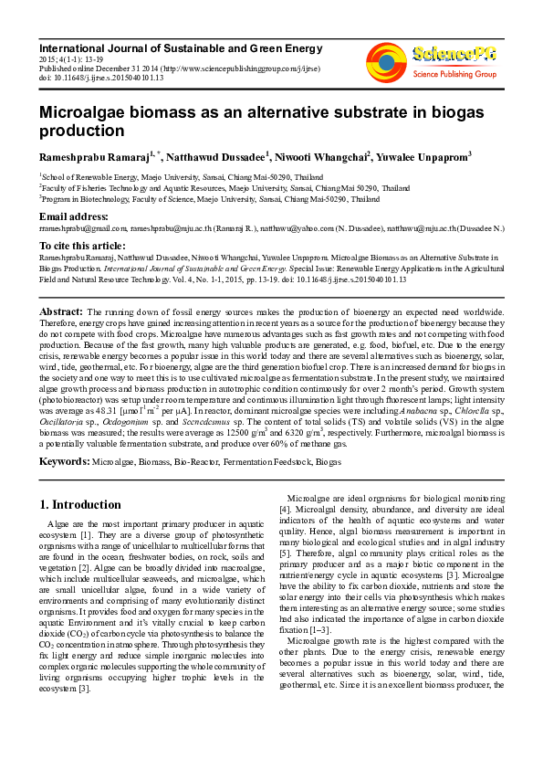 (PDF) Microalgae Biomass as an Alternative Substrate in Biogas Production