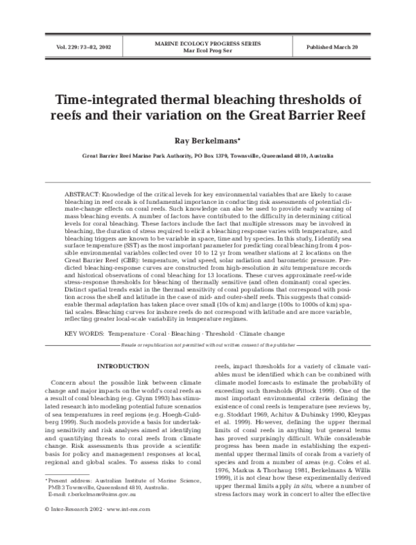 (PDF) Time-integrated thermal bleaching thresholds of reefs and their ...