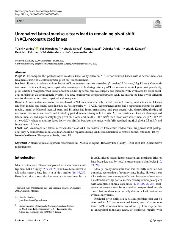 (PDF) Unrepaired lateral meniscus tears lead to remaining pivot-shift ...