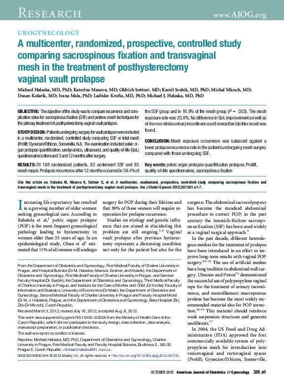 (PDF) Abdominal sacrocolpopexy for vault prolapse without burial of mesh: a case series | S ...