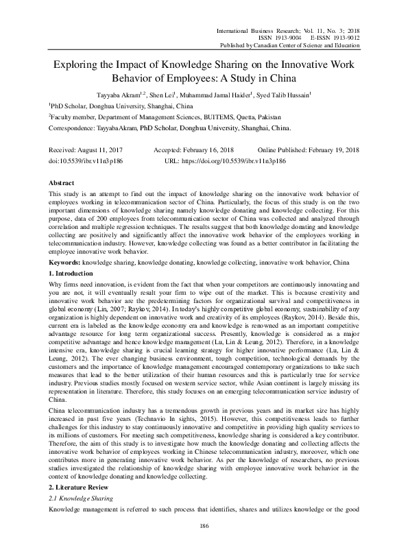 (PDF) Exploring the Impact of Knowledge Sharing on the Innovative Work Behavior of Employees: A ...