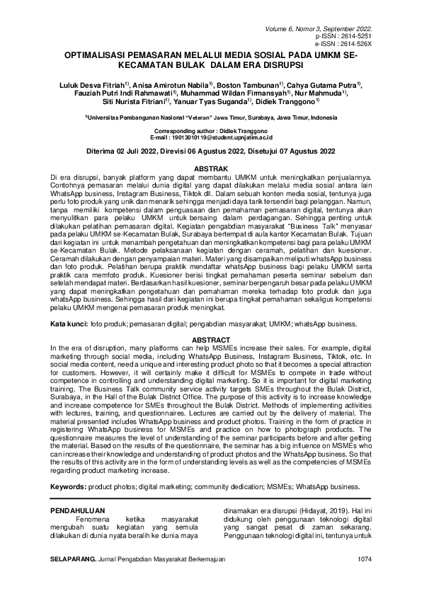 (PDF) Optimalisasi Pemasaran Melalui Media Sosial Pada Umkm Se-Kecamatan Bulak Dalam Era ...