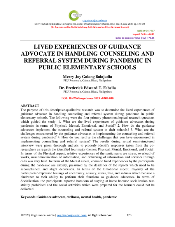 (PDF) LIVED EXPERIENCES OF GUIDANCE ADVOCATE IN HANDLING COUNSELING AND ...