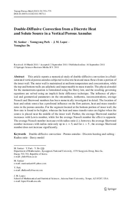 (PDF) Double-Diffusive Convection from a Discrete Heat and Solute Source in a Vertical Porous ...