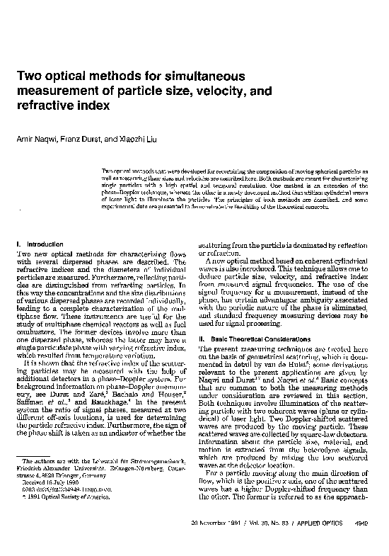(PDF) Two optical methods for simultaneous measurement of particle size, velocity, and ...