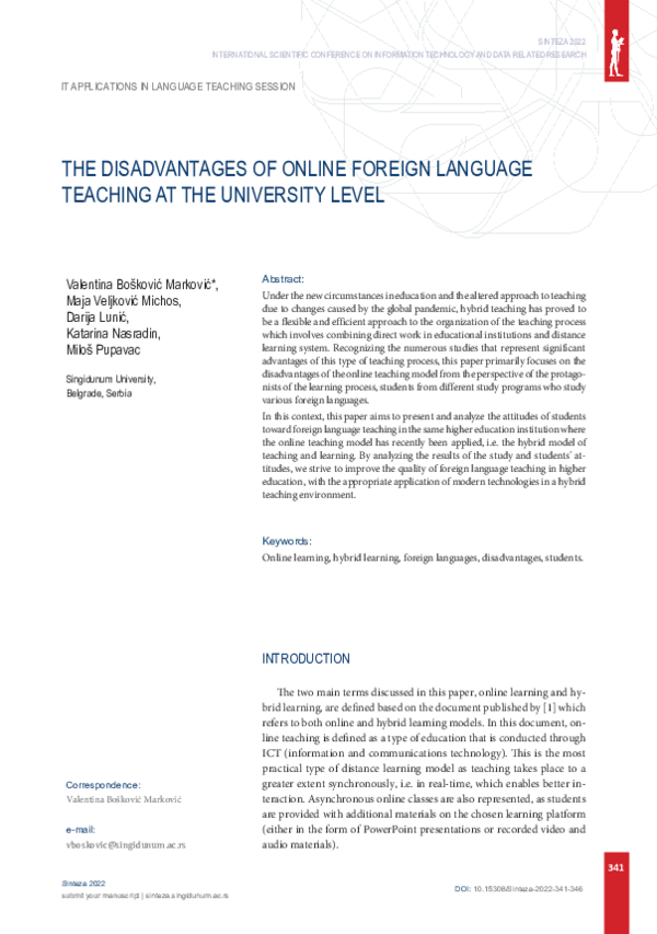 (PDF) The Disadvantages of Online Foreign Language Teaching at the ...