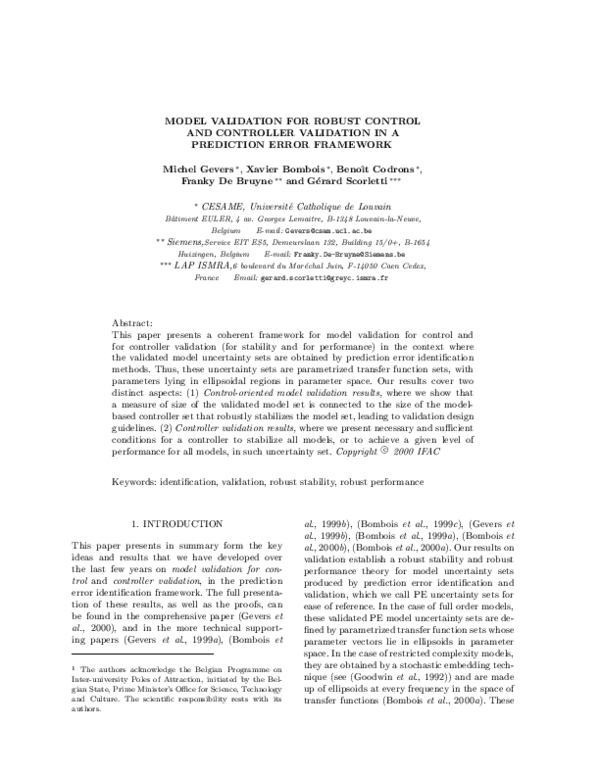 Pdf Model Validation For Robust Control And Controller Validation In A Prediction Error Framework