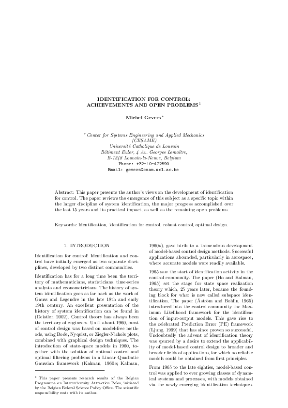 (PDF) Identification for Control: Achievements and Open Problems 1
