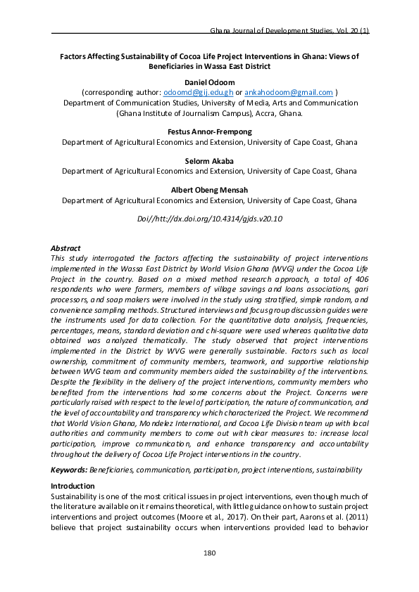 (PDF) Factors Affecting Sustainability of Cocoa Life Project ...