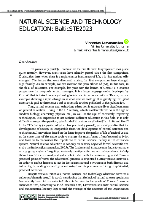 (PDF) NATURAL SCIENCE AND TECHNOLOGY EDUCATION: BalticSTE2023