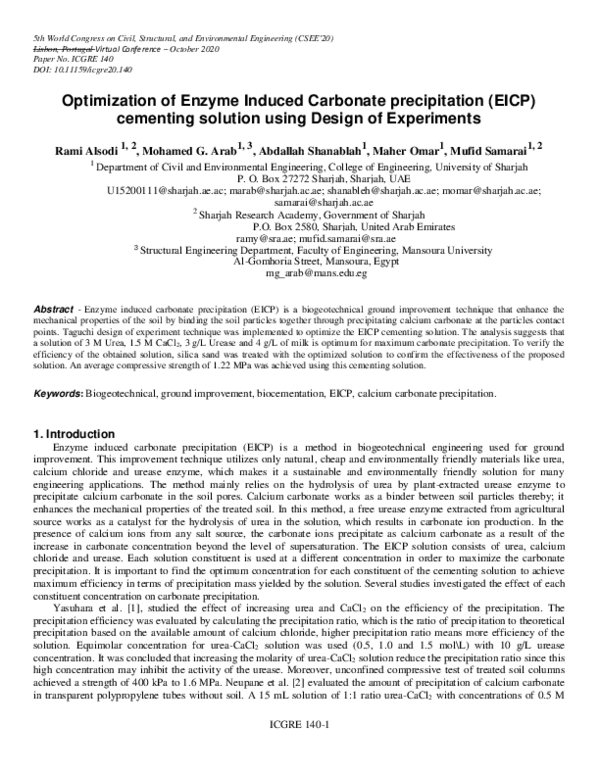 (PDF) Optimization of Enzyme Induced Carbonate precipitation (EICP ...
