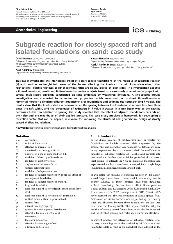 (PDF) Subgrade reaction for closely spaced raft and isolated foundations on sand: case study ...