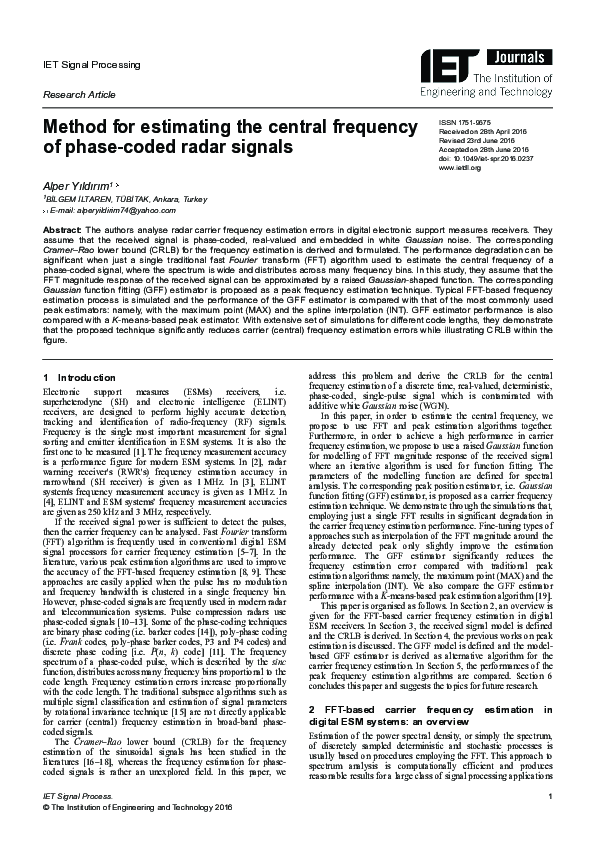 (PDF) Method for estimating the central frequency of phase‐coded radar signals