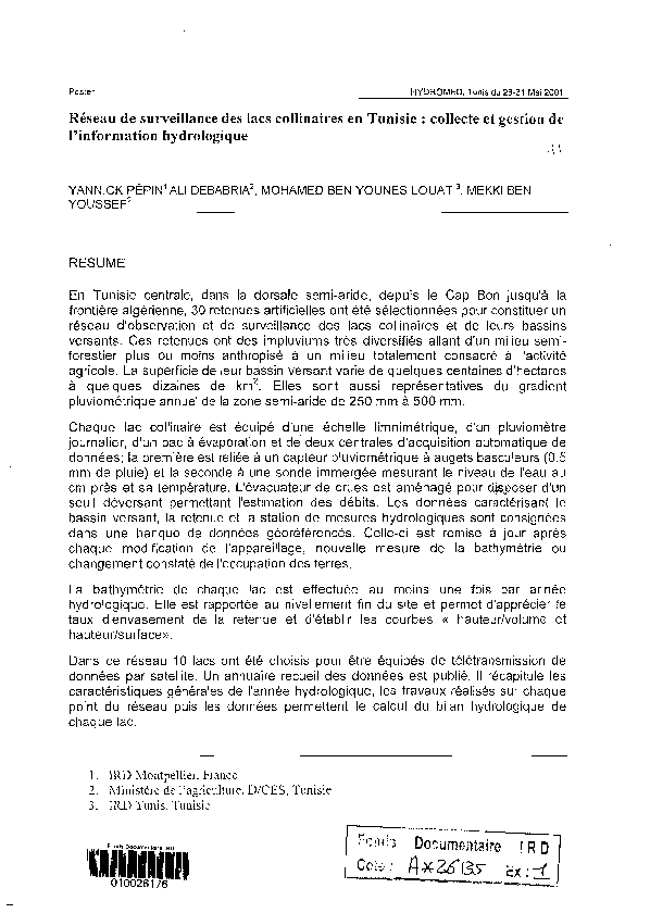 (PDF) Réseau de surveillance des lacs collinaires en Tunisie : collecte ...