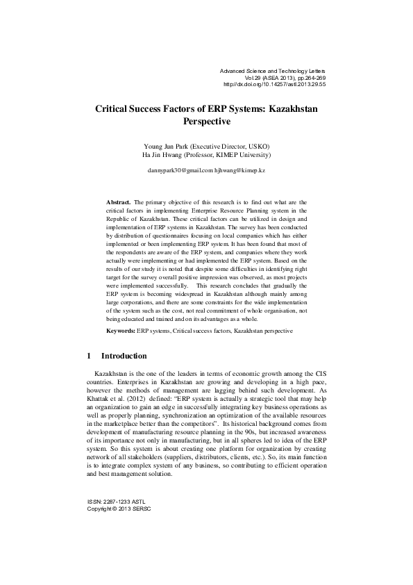 (PDF) Critical Success Factors of ERP Systems: Kazakhstan Perspective (PDF) Critical Success Factors of ERP Systems: Kazakhstan Perspective