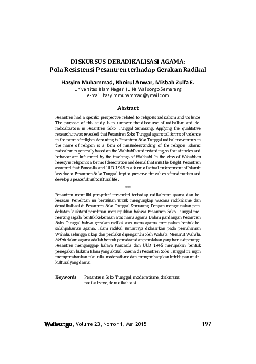 (PDF) Diskursus Deradikalisasi Agama: Pola Resistensi Pesantren Terhadap Gerakan Radikal