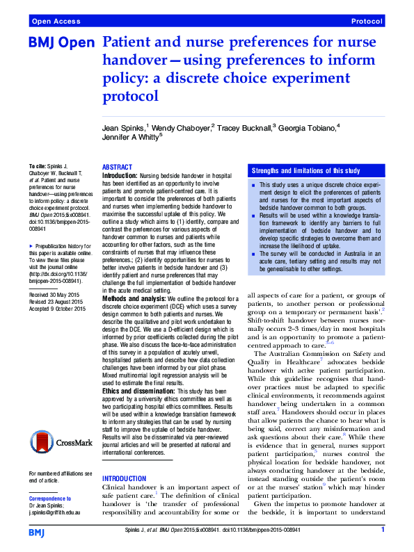 (PDF) Patient and nurse preferences for nurse handover-using ...