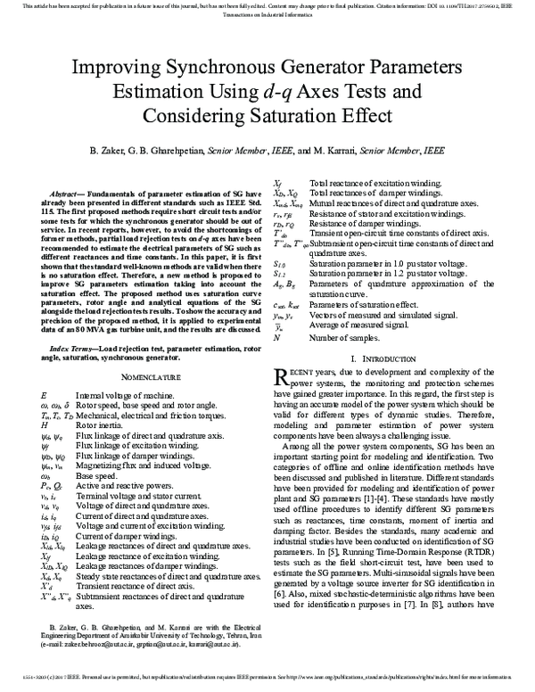 Pdf Improving Synchronous Generator Parameters Estimation Using D Q Axes Tests And