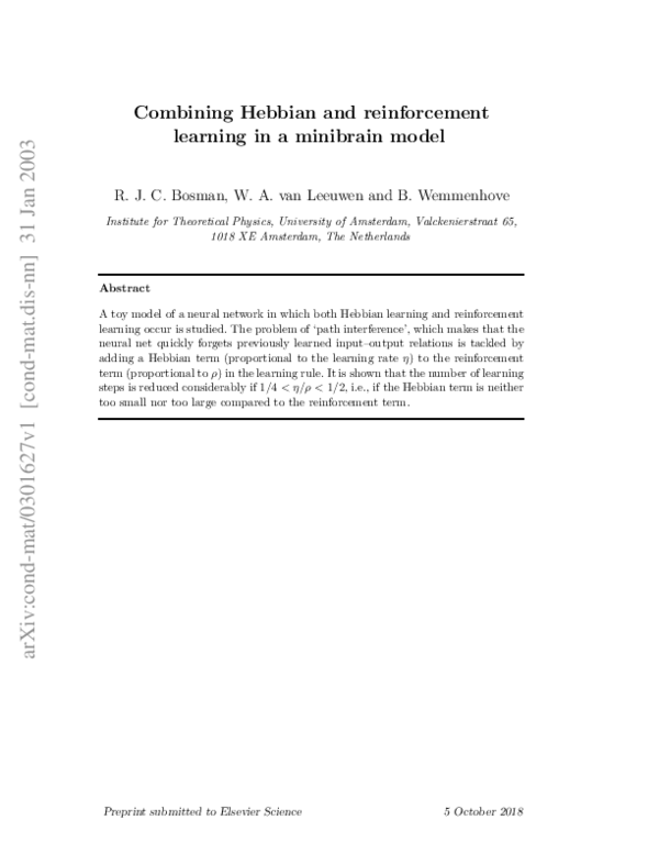 (PDF) Combining Hebbian and reinforcement learning in a minibrain model
