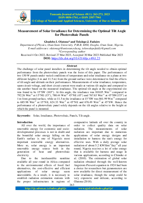 (PDF) Measurement of Solar Irradiance for Determining the Optimal Tilt Angle for Photovoltaic Panels