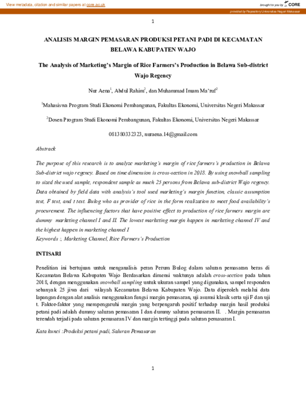 (PDF) Analisis Margin Pemasaran Produksi Petani Padi DI Kecamatan Belawa Kabupaten Wajo