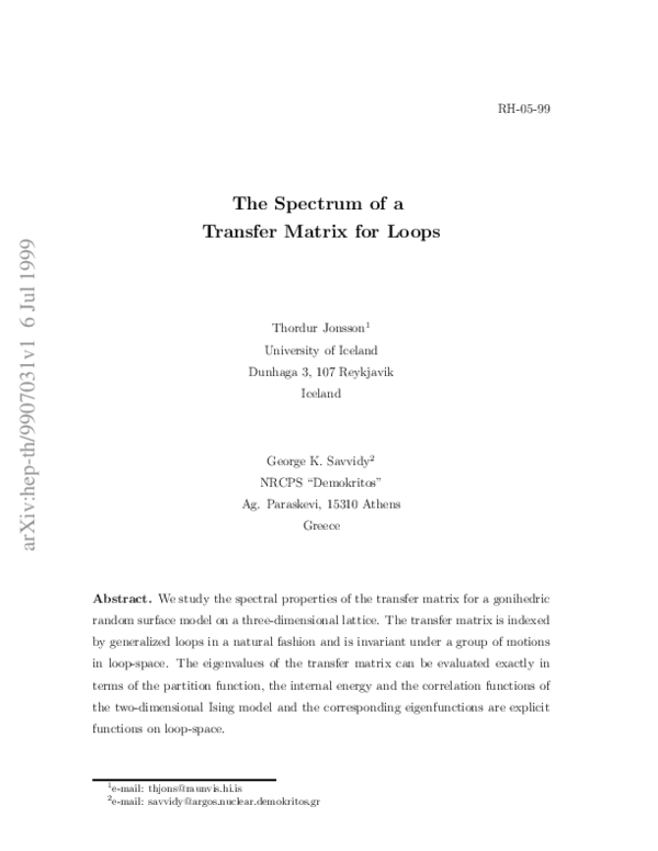 (PDF) The spectrum of a transfer matrix for loops