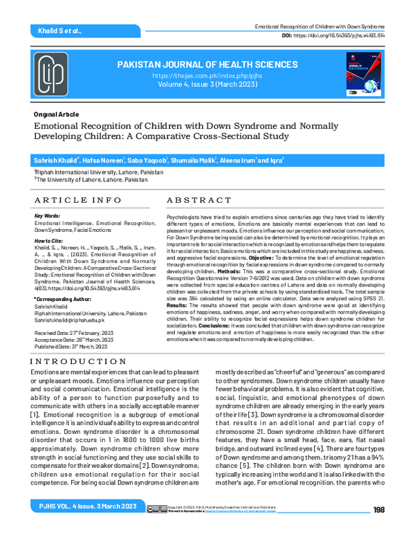(PDF) Emotional Recognition of Children With Down Syndrome and Normally ...