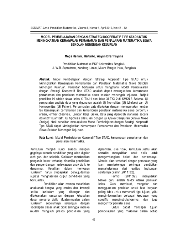 (PDF) Model Pembelajaran Dengan Strategi Kooperatif Tipe Stad Untuk ...