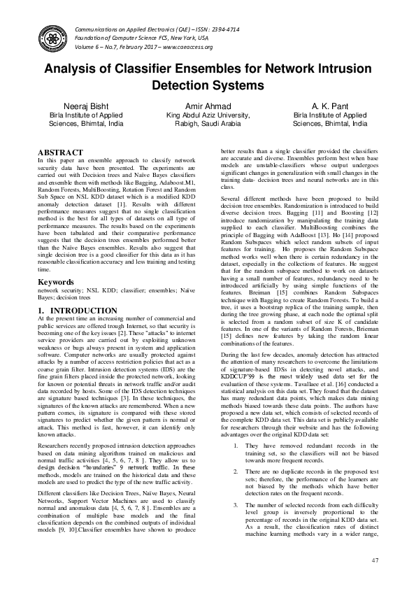 (PDF) Analysis of Classifier Ensembles for Network Intrusion Detection Systems